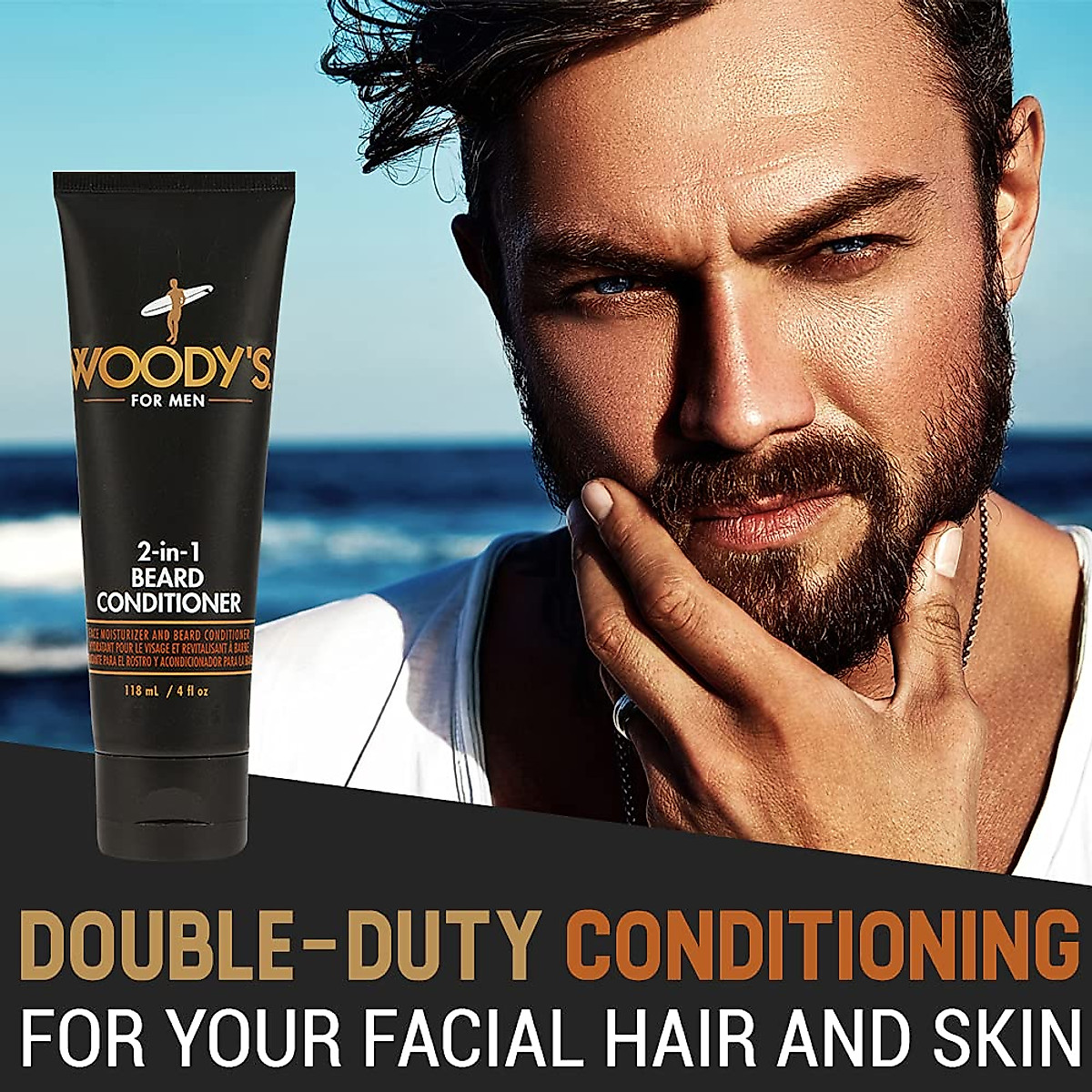 Woody's 2-in-1 Beard Conditioner, Softens and Conditions Dry, Coarse and Flakey Facial Hair, with Vitamin E, Panthenol, and Matrixyl to Soothe Facial Scruff and Skin, 4 fl oz