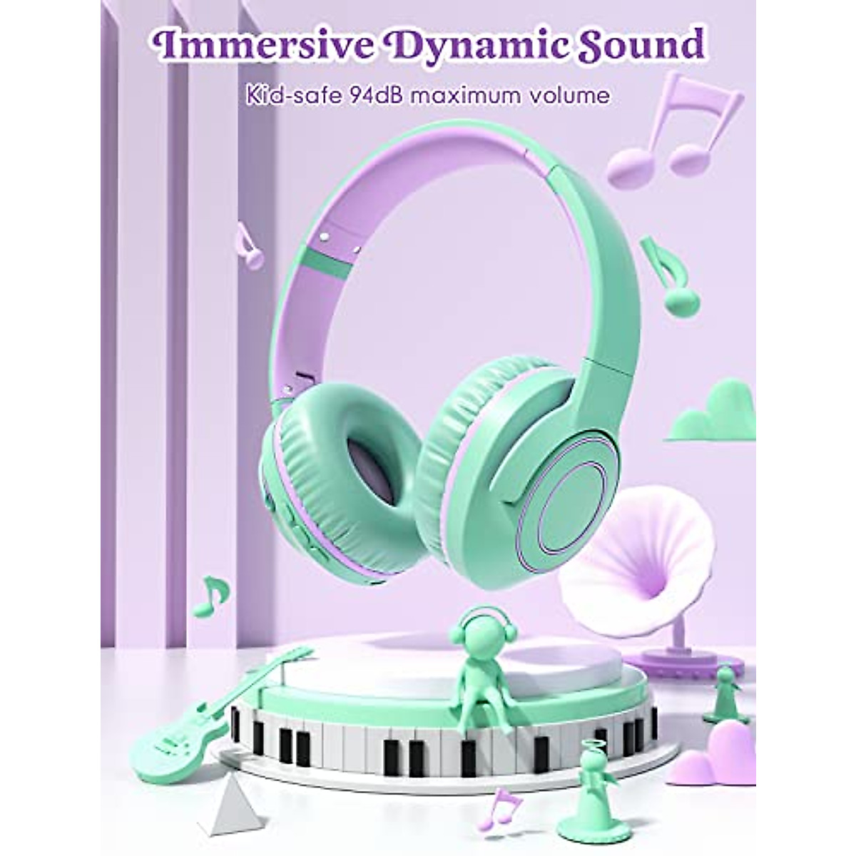 FIUPIA Kids Bluetooth Headphones with Microphone, Volume Limit 85/94dB, On-Ear Kids Headphone for Girls Boys Stereo Sound, Foldable Kids Wireless Headphones for School/Travel/iPad/Fire Tablet-Green