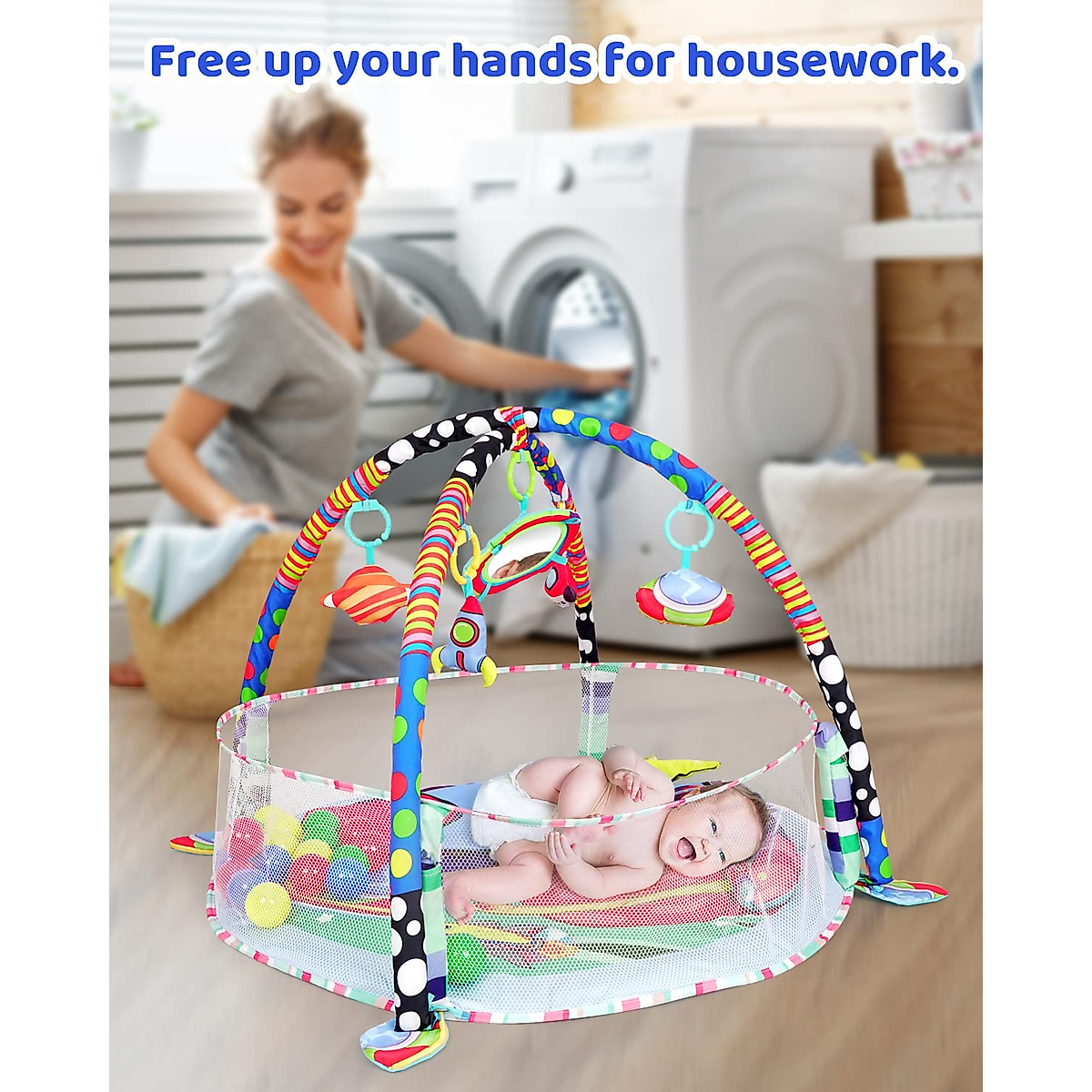 Siairo Jumbo Baby Activity Gym Folding Baby Play Gym Play Mat with Ball Pit & Hanging Mobiles, Surrounding Mesh for Newborn, Infant, Babies, Toddlers