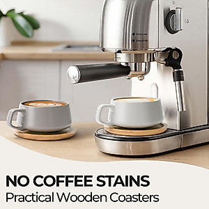 MIAMIO – 11 Oz., Set of 4 Ceramic Tea Cup and Saucer Bamboo/Tea Mug - Wide Cappuccino Cup, Coffee Cups Ceramic Mug for Cappuccino, Latte, Espresso & Americano - Luxe Collection (Classic Pastel)