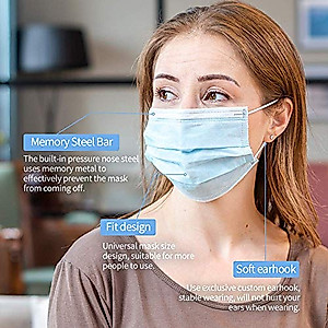 Pack of 50 Soft & Comfortable 3 Layer Disposable Face Mask with Earloops, Comfortable Nose/Mouth Coverings for Home & Office