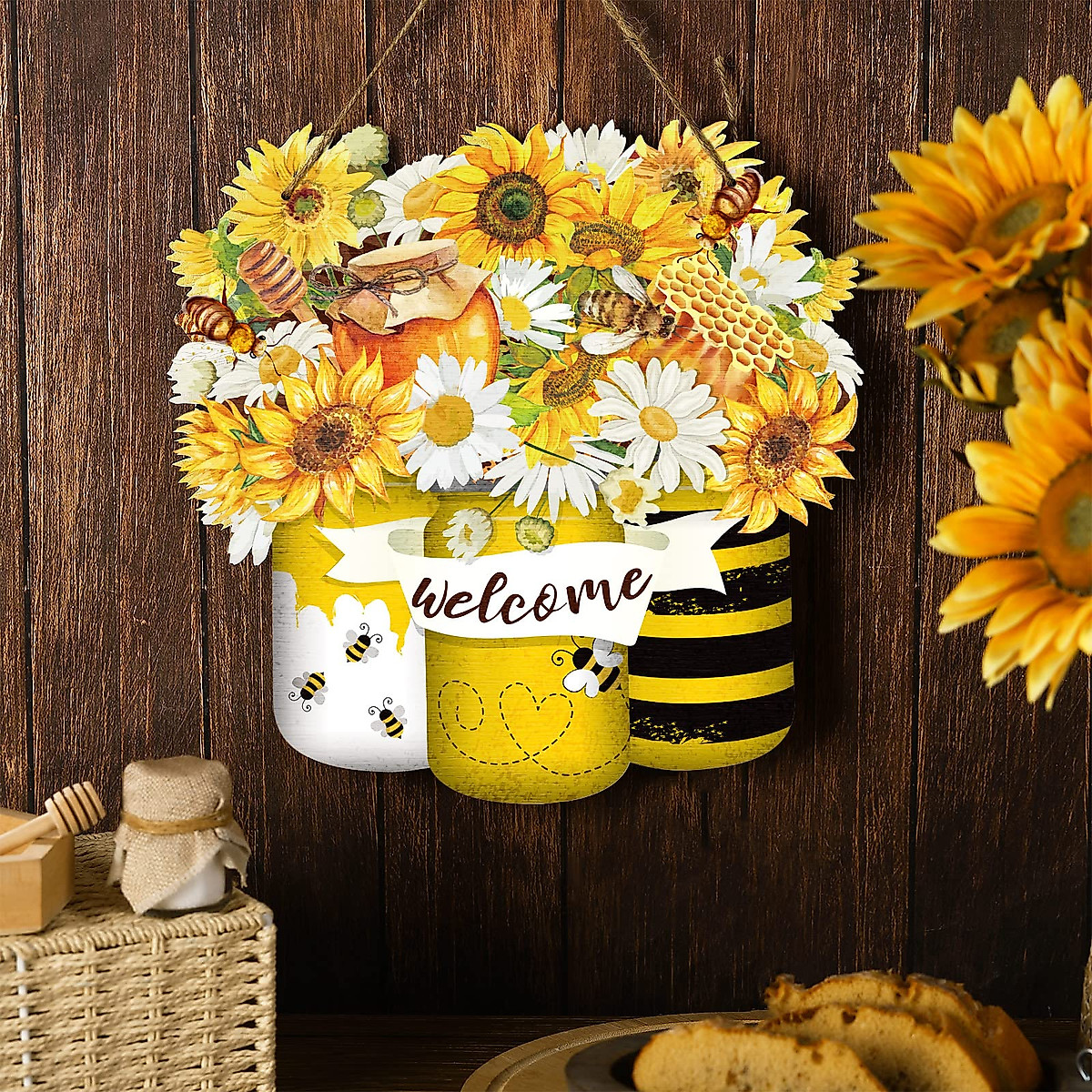 Spiareal Bee Welcome Wood Door Yellow Bee summer Hanger Wooden Sign Farmhouse Wall Porch Art Summe Wreath Hanging for Front Door Decoration