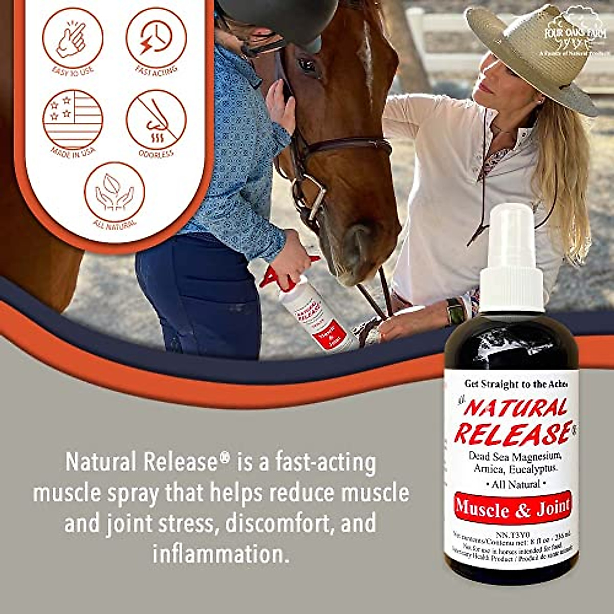 Four-Oaks Farm Ventures, Natural Release Muscle Spray Treatment - Horse Liniment for Sore Muscles, Joint Pain, Tendon & Inflammation Relief - Easy to Use, Fast Acting, Alcohol & Menthol Free (8 oz)