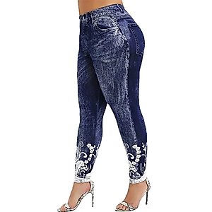 Aniywn Jean Leggings for Women Printed High Waisted Capri Cropped Yoga Pants Stretch Jean Look Denim Fitness Tights
