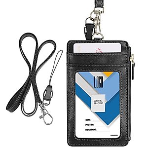 Badge Holder with Zipper, Wisdompro School Supply 2-Sided PU Leather College ID Badge Holder with 1 ID Window, 4 Card Holder Slots, 1 Side Pocket and 20 Inch Leather Neck Strap Lanyard -Vertical Black