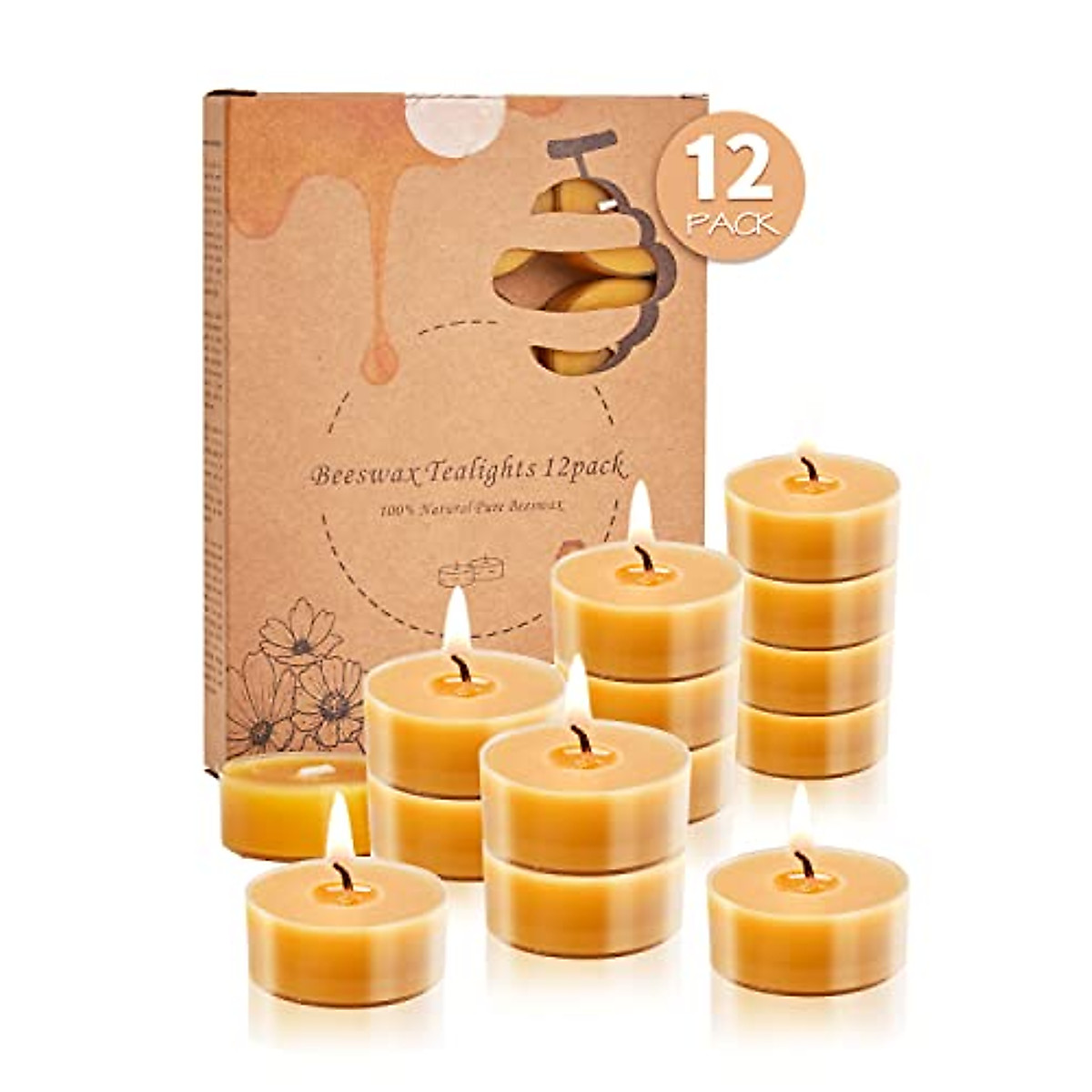 Beeswax Tealight Candles Bulk - Tealight Candles 12 Pack with 48 Hour Burn Time 4Hours of Each Beeswax Tealights for Home Decor & Ambiance, Long-Lasting & Eco-Friendly