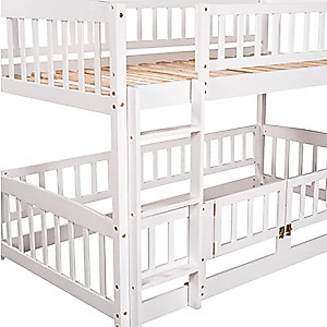 VilroCaz Twin Over Twin Low Bunk Bed with Door Openable Fence, Versatile Bunk Bed with Slide and Built-in Ladder, Solid Wood Bunk Bed Frame for Kids Teens Boys Girls (White)