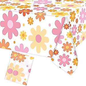 Augisteen Groovy Daisy Tablecloth Plastic Boho Flowers Table Covers Retro Hippies Flower Disposable Rectangle Tablecloths for 70s Boho Birthday Baby Shower Wedding Party 54 x 108 Inch, 2 PCS