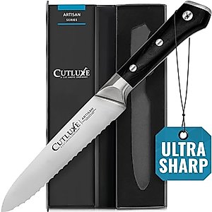 Cutluxe Serrated Kitchen Utility Knife, 5" Tomato Knife – Forged High Carbon German Steel – Full Tang & Razor Sharp – Ergonomic Handle Design – Artisan Series