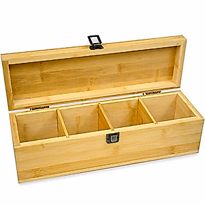Zen Earth Inspired Bamboo Tea Organizer Box Chemical Free Eco-Friendly Big, Tall, Adjustable Cubbies Natural Wooden Storage Chest (4-Slot Rectangle 14.3"x 4.4" x 4.2" with TEA print design)