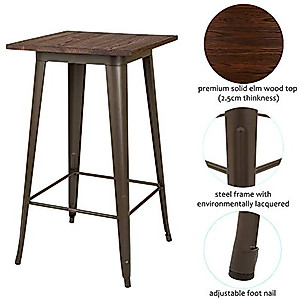 glitzhome Mid-Century Adjustable Hunter Green Bar Stool with Wooden Seat Industrial Rustic Bar Table - Square Pub tabel and Metal Dining Chairs Set of 3