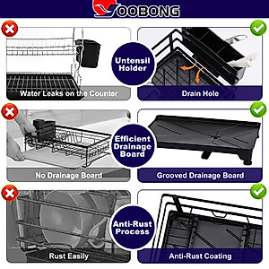 FOOBONG Dish Drying Rack with Height-Adjustable Drainboard,Stainless Steel Dish Drainer with Removable Utensil Holder,Space-Saving Dish Racks for Kitchen Counter (1-Tier, Black)