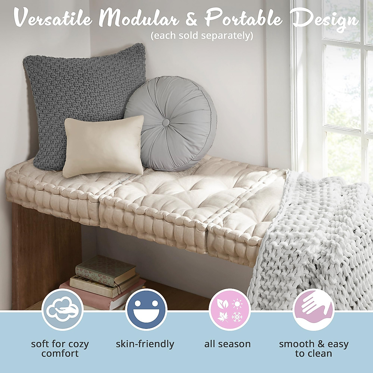 Intelligent Design Azza Floor Pillow, Large Cushions Sitting for Adults, Floor Pillow for Meditation or Yoga, Lustrous Chenille Tufted with Scalloped Edges for Bench/Chair Cushion, 20"x20"x5" Ivory