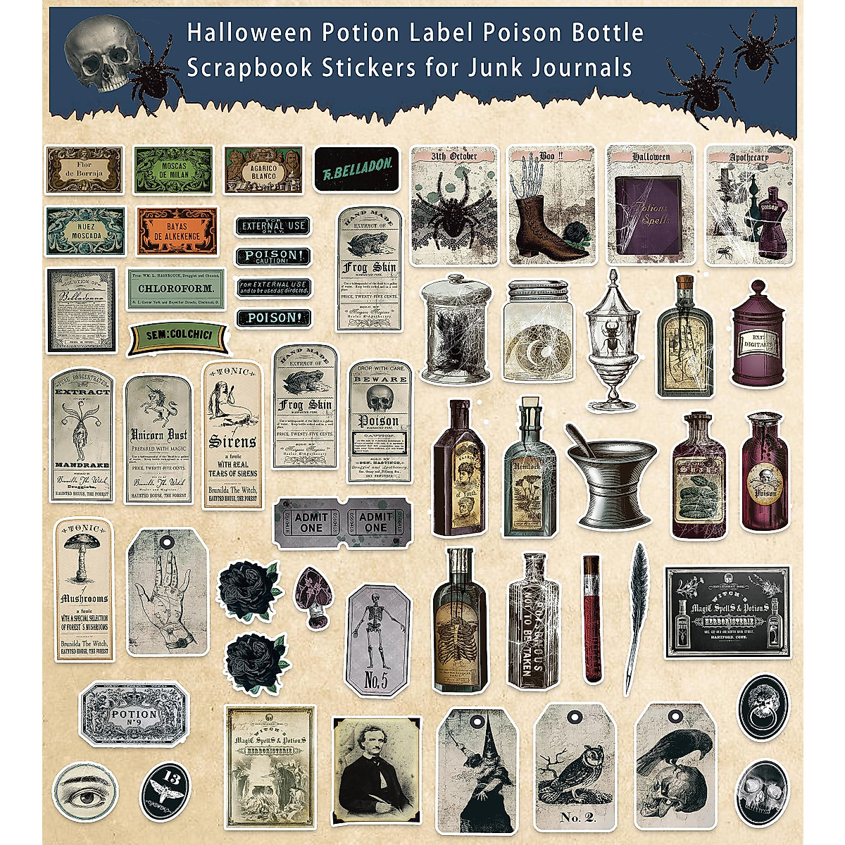 Prstincol 106 Pcs Potion Labels Stickers, Apothecary Stickers Dark Aesthetic Wine Bottle Stickers for Scrapbooking, Wicca Stickers for Junk Journal Bullet Journals DIY Crafts
