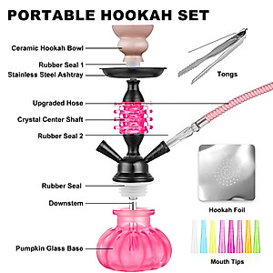 11'' 2 Hose Hookah Set With Everything - Mini Glass Pumpkin Vase, 50 Hookah Tips, 50 Hookah Foil (Pink)