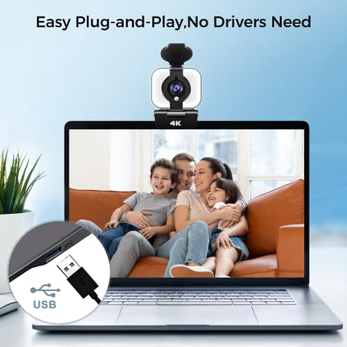 4K Webcam, USB Webcam with Microphone Privacy Cover UHD Built-in Ring Light Streaming Webcams for PC/MAC/Laptop, Plug and Play Web Camera for Video Calling, Study, Gaming, Online Classes, Conference