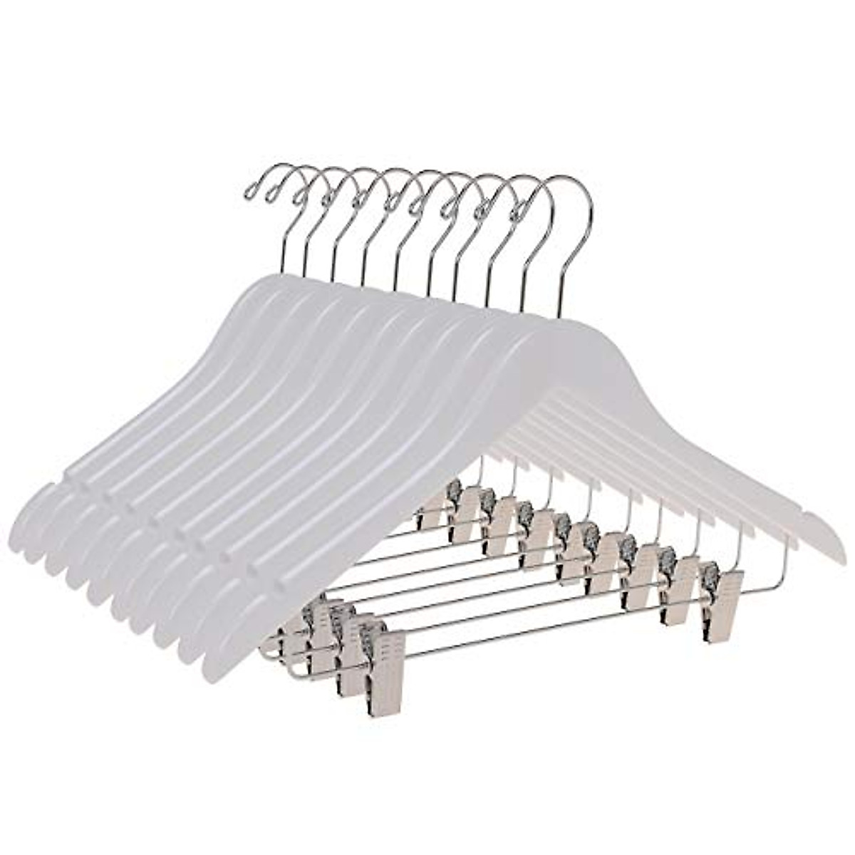 Quality Wooden Skirt Hangers with Clips, 10-Pack Smooth Solid Wood Pants Hangers with Durable Adjustable Metal Clips, Swivel Hook, Coat, Jacket, Blouse Suit Hangers (White, 10)