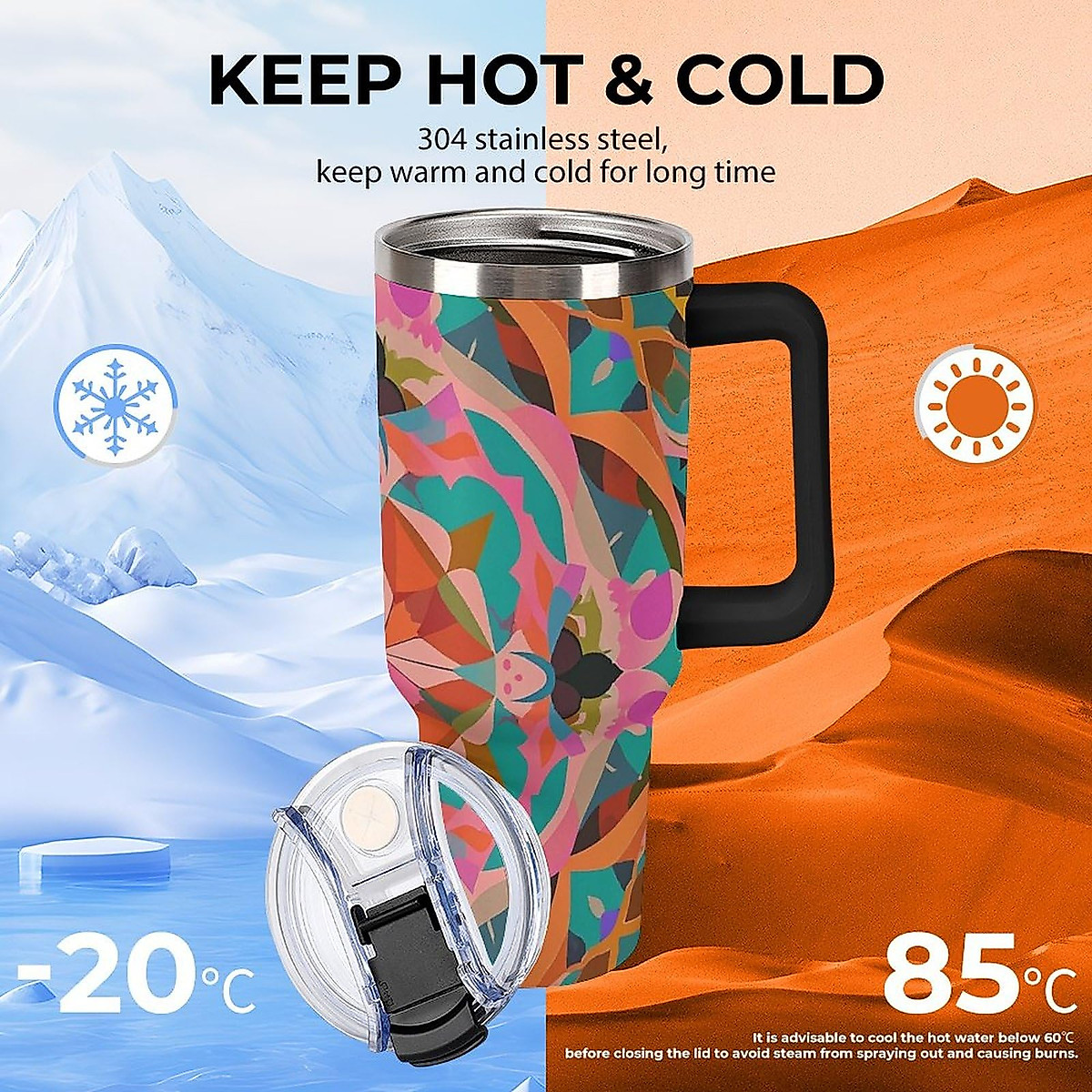 YTLKGFP 40 Oz Large Capacity Car Cup Colorful Bohemian Patterns Tumbler with Handle (Black) Straw Lid Insulated Stainless Steel Water Bottle Travel Mug Leak-proof Car Cup Keeps Cold Or Hot