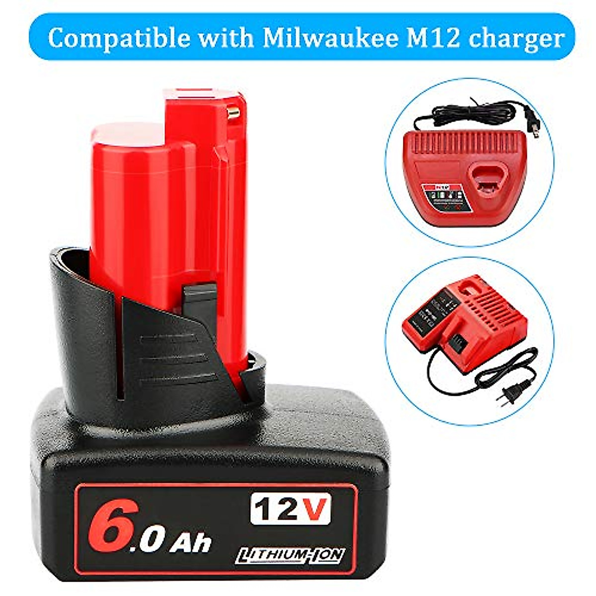 TENMOER 2 Pack 6.0Ah Compatible with Milwaukee M12 Battery Replacement for Milwaukee M12 12V Batteries 48-11-1860