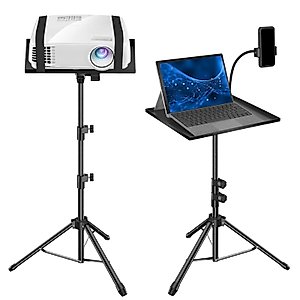 OUKMIC Projector Stand Laptop Tripod Stand Adjustable Height Tilt w/Gooseneck Phone Holder, Universal Portable Projector Table Up to 50'' for Outdoor Movies DJ Equipment, Office Home Studio Stage Use