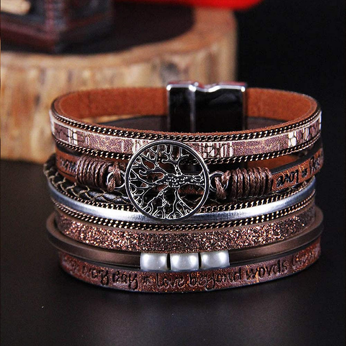 TGLS Tree of Life Leather Bracelet Multi-Layer Wraps Boho Wristband Bangle Cuff Bracelets for Women (Brown)