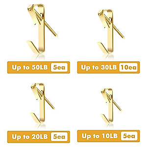 Hooks for Hanging Pictures with Nails - ROBUST 50pcs Picture Hanging Kit, Wall Hooks for Hanging Pictures for Picture Frame, Canvas, Mirror, Art (N6 Gold)