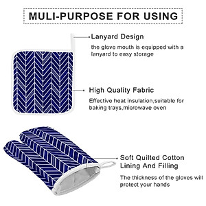 2Pcs Oven Mitts and Pot Holders Set, Chevron Narrow Navy Blue Oven Mitts Gloves Set Heat Resistant Hot Pads for Kitchen Cooking Grill