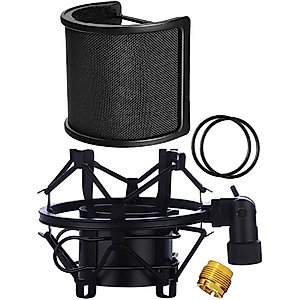 Microphone Shock Mount with Pop Filter, Mic Anti-Vibration Suspension Shock Mount Holder Clip for Diameter 46mm-51mm Microphone