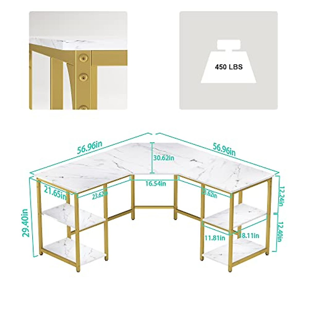 Elephance Large L-Shaped Computer Desk with Shelves, Corner Desk, Home Office Writing Workstation, Gaming Desk PC Latop Table with Storage