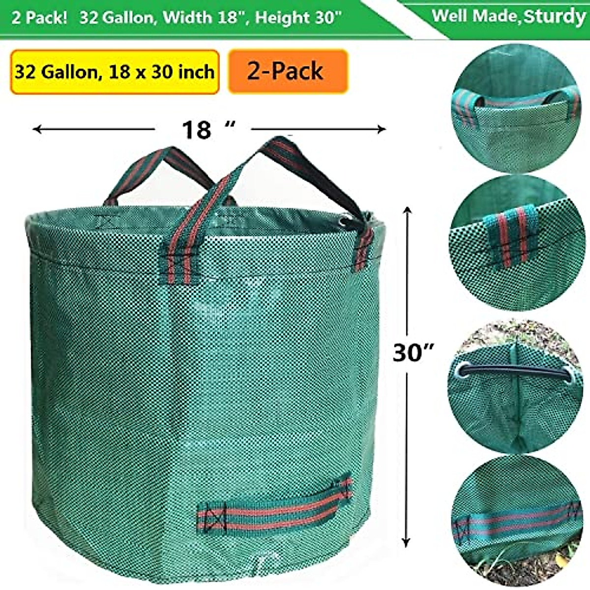 Standard 2-Pack 32 Gallon Yard Garden Bags (D18, H30 inch) with Gardening Gloves, Campsite Trash Bags,Laundry Bag,Recycling Bag,Yard Waste Bags,Lawn Debris Bag,Grass Clippings Bags,Leaf Bags 4 Handles