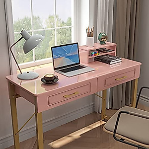WESTREE Modern Makeup Vanity Desk with Glossy Desktop,Bedroom Home Office Writing Desk with Drawers, Storage Shelf, Gold Metal Frame for Dressing Table Without Mirror