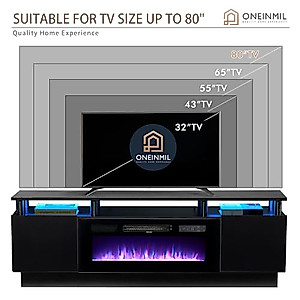 oneinmil Fireplace TV Stand with 36" Electric Fireplace,LED Light Entertainment Center,2 Tier TV Console Stand for TVs Up to 80",Fireplace for The Living Room TV Stand,Black