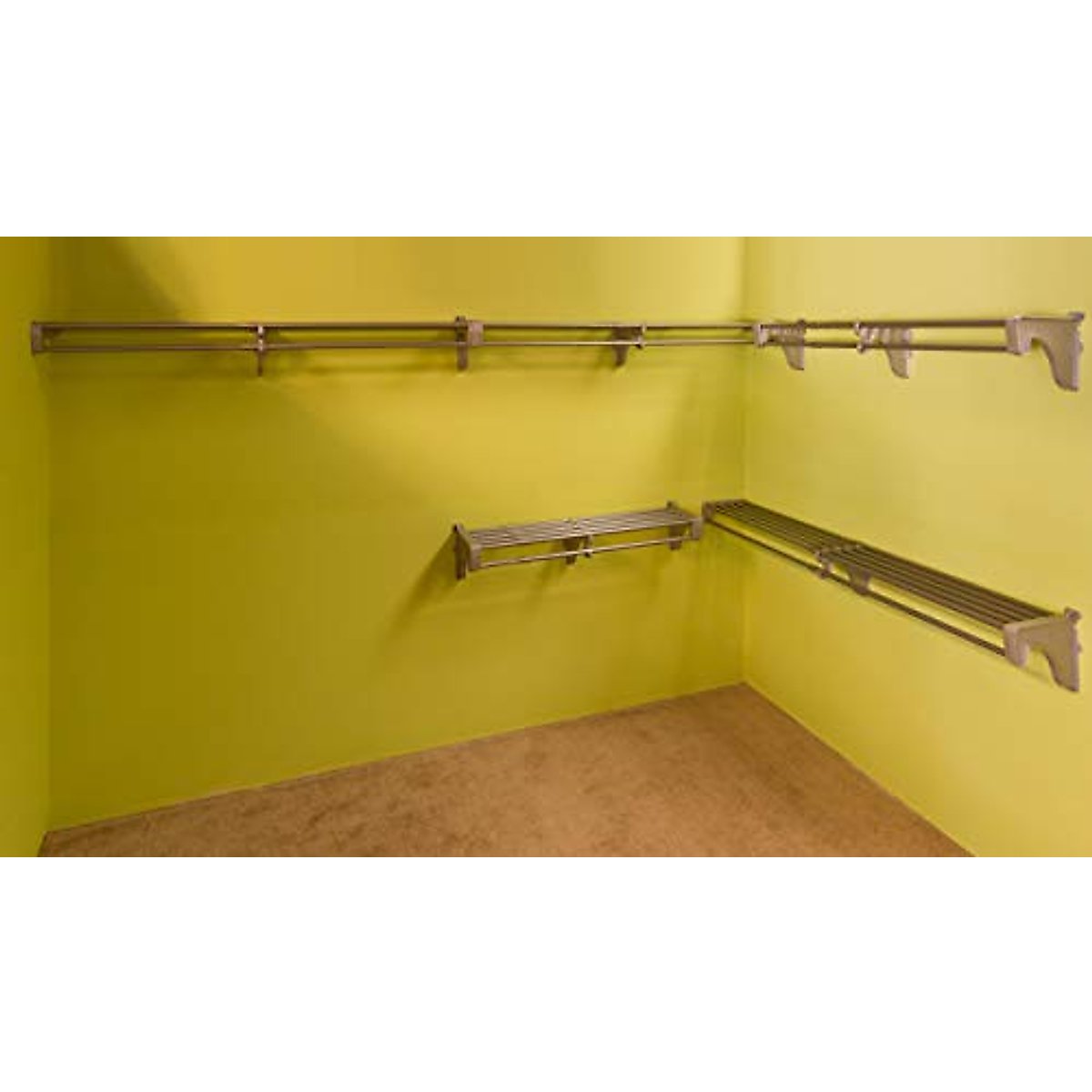 EZ Shelf - Walk in Closet System - 5 Pack - Expandable Closet Shelf with Hanging Rod (Each 40.5–73”) - with 4 End Brackets - Silver - Strong - Easy to Install – Alternative to Wire Closet Shelving