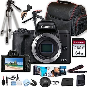 Canon EOS M50 Mark II Mirrorless Digital Camera Body Only (No Lens) + 64GB Memory + Case+ Steady Grip Pod + Tripod+ Software Pack + More (28pc Bundle) (Renewed)
