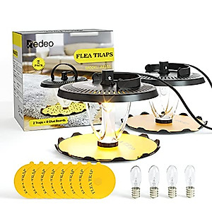 Redeo Flea Trap 2 Pack Bed Bug Traps with 4 Light Bulbs and 8 Sticky Glue Boards, Odorless Non-Toxic Flea Light Traps for Inside Your Home Safe for Kids & Pets