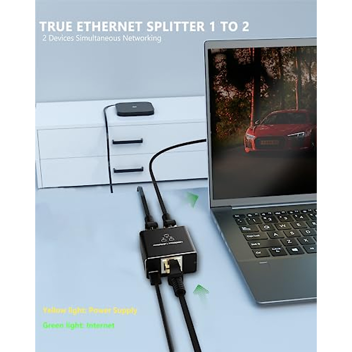 Ethernet Splitter, Gigabit RJ45 Ethernet Splitter 1 to 2, 1000Mbps Network Extension Connector with USB Power Cable, 8P8C Extender Plug for Cat5/5e/6/7/8 Cable (2 Devices Simultaneous Networking)