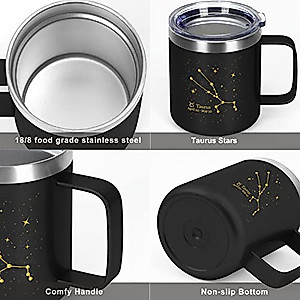 LiqCool Taurus Gifts for Women, Taurus Zodiac Gifts, Taurus Coffee Mug, Astrology Gifts for Men, Constellation Mug, Taurus Birthday Gift for Women, Stainless Steel Cup with Lid Handle (12oz, Black)