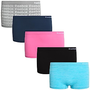 Reebok Girls' Boyshorts Underwear - 5 Pack Soft Seamless Girls Panties Boy Shorts - Breathable Panties for Girls (6-16), Size Medium, Sharkskin Print/Evening Blue/Bright Pink/Black/Aqua