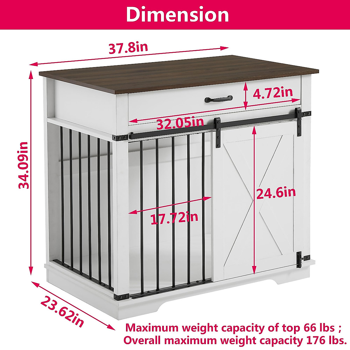 Vliekcy Farmhouse Dog Crate Furniture with Drawer 37.8" Dog Kennel Furniture White Side End Table Dog Crate Indoor Table Dog Cage for Small Medium Dog