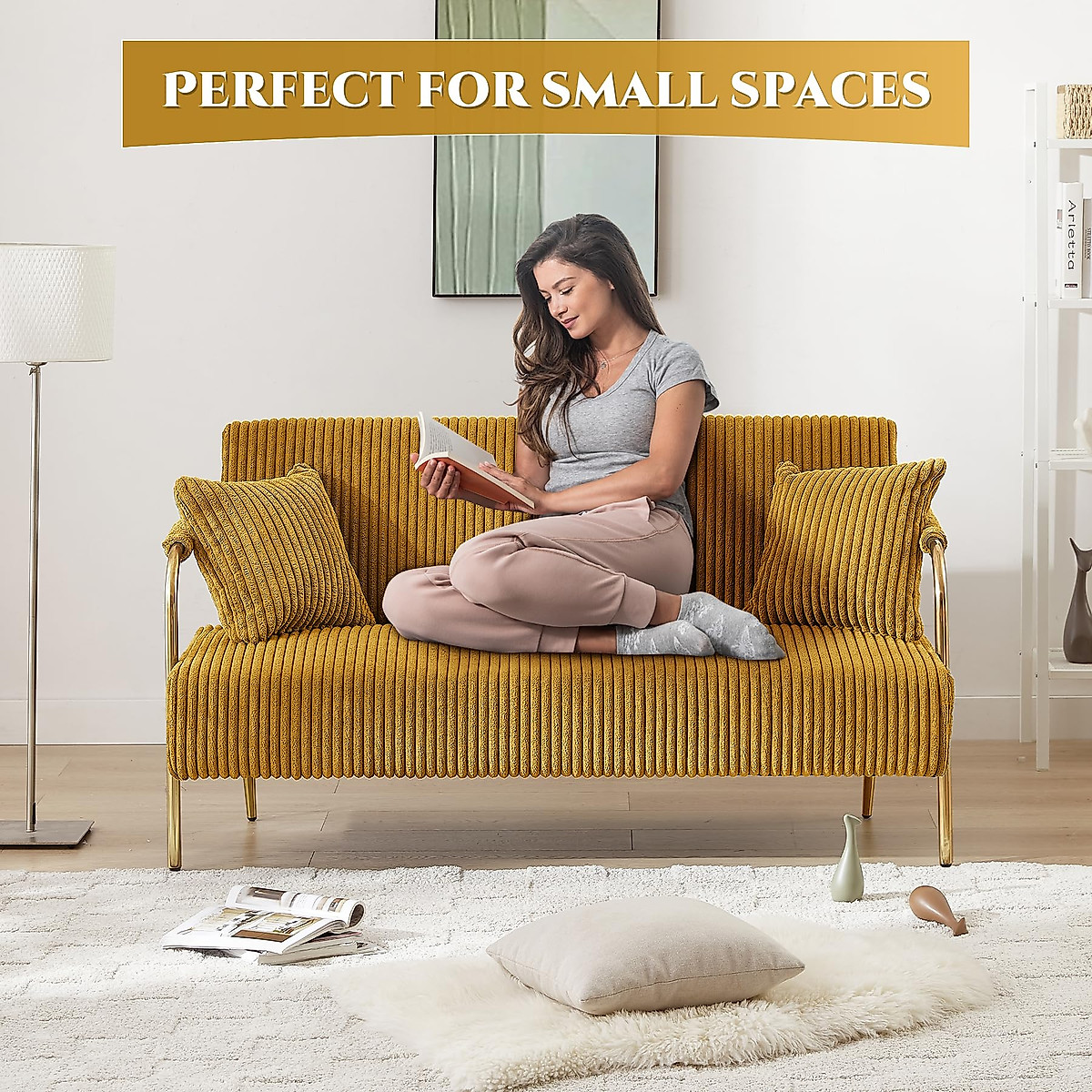 OUYESSIR Loveseat Small Sofa Couch, 59" Love Seat Settee 2 Seater Upholstered Sofa with 2 Pillows for Small Space Living Room Office Apartment (Ginger, Corduroy)