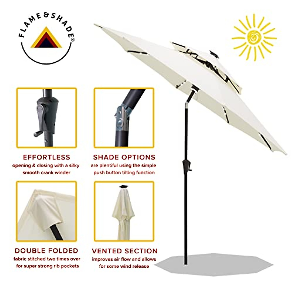 FLAME&SHADE 9 ft Double Top Solar Powered Outdoor Market Patio Table Umbrella with LED Lights and Tilt, Ivory