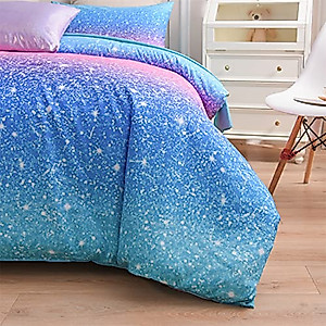 Holawakaka Kids Space Star Glitter Comforter Set Ombre Pink & Blue Print Gradient Bedding Set Twin Size (Pink Blue, Twin)