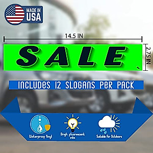 Versa Tags Windshield Slogan Stickers 12 Pack Each of ONE Owner, FINANCING Available, Warranty, Save, Sale (60) Window Stickers Total Dealership Stickers Black On Green