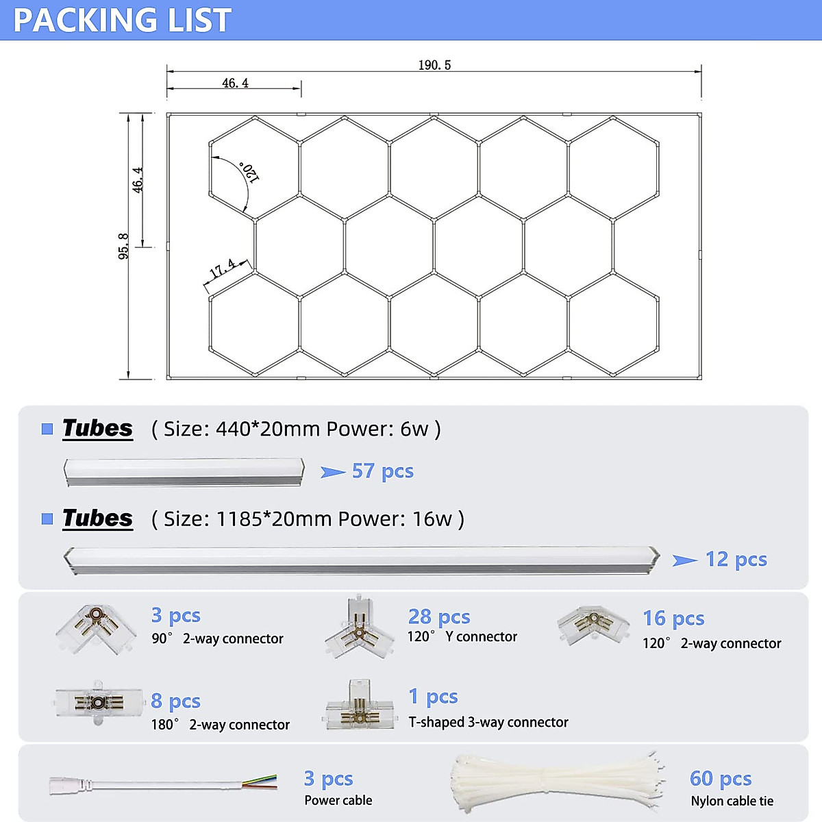 soges Hexagon Led Garage Light,14 Grid Systems Led Shop Lights for Garage/Workshop/Car Detailing Shop/Salon with White Border, 6500K,64720LM,534W, AC 100-240V 95.7(W) x 190.5 (L) Inch