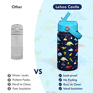 Lehoo Castle Kids Insulated Water Bottle, 14oz Kids Water Bottle Stainless Steel for School, Kids Thermos Water Bottle with Straw＆Handle, Leak Proof Toddler Water Bottle Dinosaur for Boys (Blue)