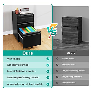 3 Drawer File Cabinet with Lock,Under Desk File Cabinet with Wheels,Black Rolling File Cabinet,Three Drawer Metal Filing Cabinet for Home Office,Fit A4/Letter/Legal File,Fully Assembled Except Casters