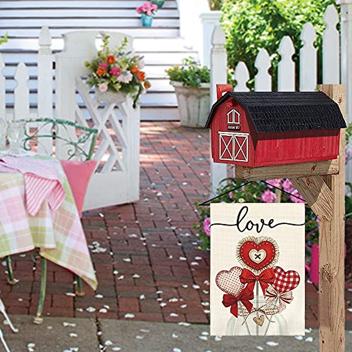 AVOIN colorlife Valentine's Day Love Garden Flag 12x18 Inch Double Sided Outside, Love Heart Bow Anniversary Yard Outdoor Flag