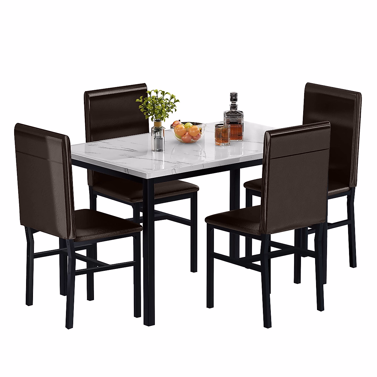 AWQM 5 Pieces Dining Table Set, Kitchen Table Set with Faux Marble Top Table and 4 Faux Leather Upholstered Chairs for Kitchen, Breakfast Nook, Dining Room, Black