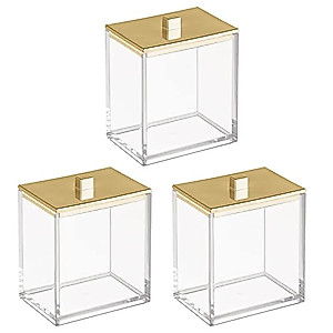 mDesign Plastic Rectangle Apothecary Canister - Organizer for Bathroom Vanity Countertop Shelf Decor - Holds Cotton Swabs, Soap, Makeup, Bath Salts - Lumiere Collection - 3 Pack - Clear/Soft Brass