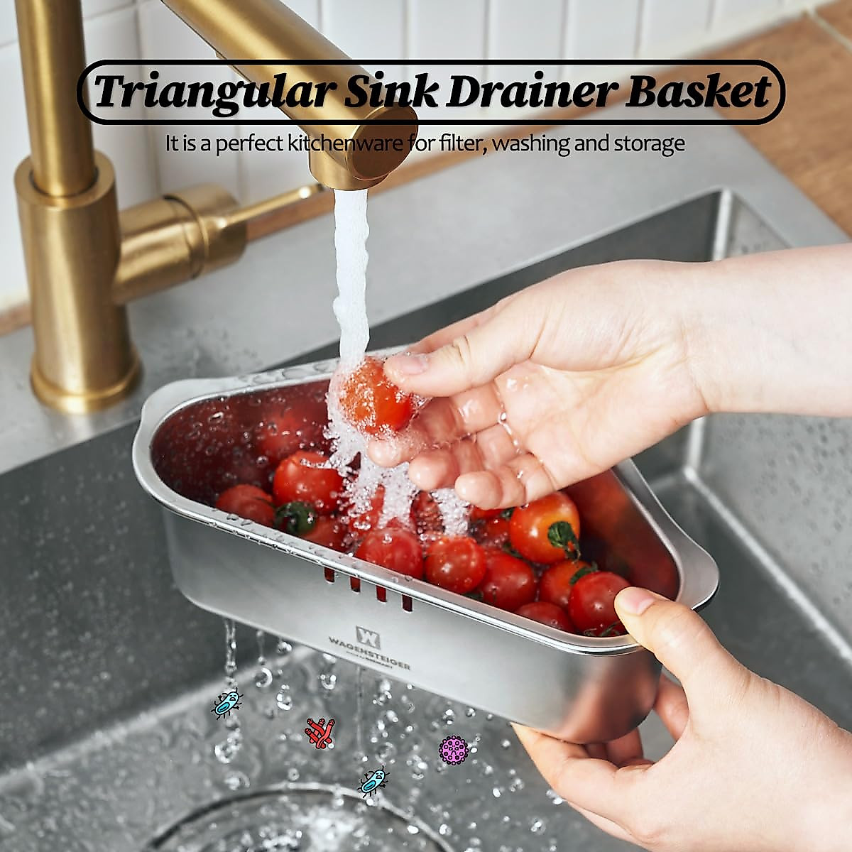 WAGENSTEIGER Triangular Stainless Steel Sink Cady, Sponge Holder/Multifunctional ; Sink Colander, Kitchen Sink Food Filter, Sink Strainer for Kitchen Waste & Food Scraps, Food Catcher Collector